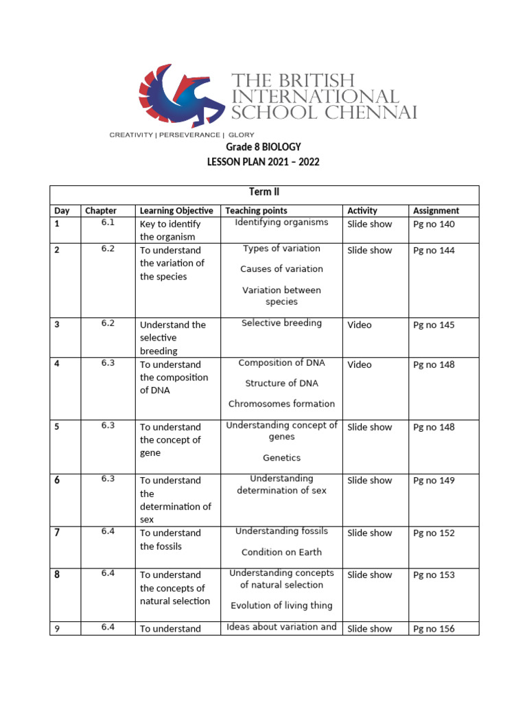 Grade8 Biology LESSON PLAN_2021_2022 | PDF | Genetic Variation | Evolution