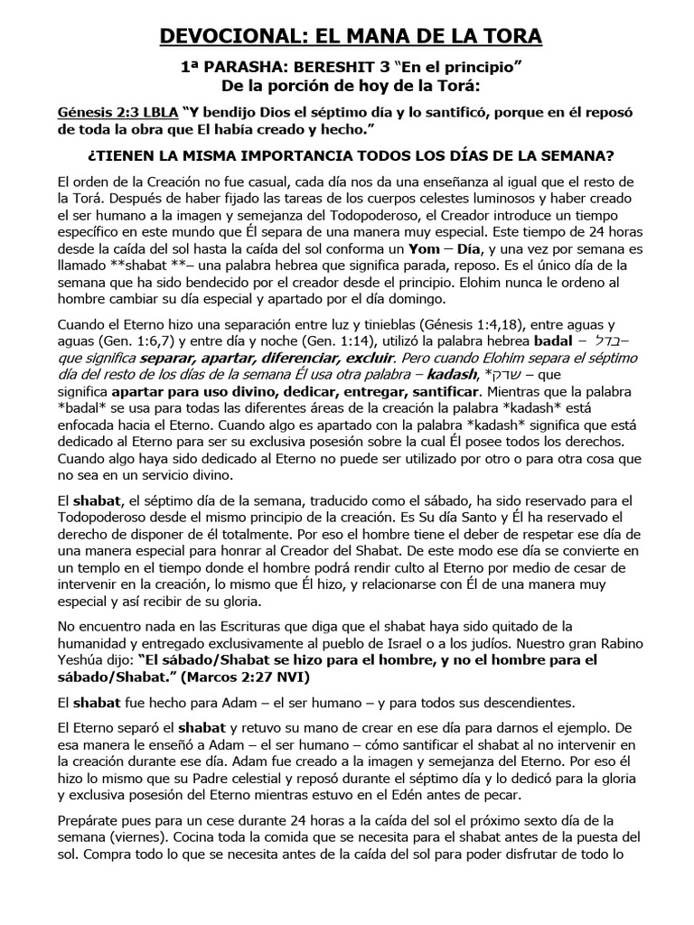 1 Parasha Bereshit 3 | PDF | Shabat | Libro del Génesis