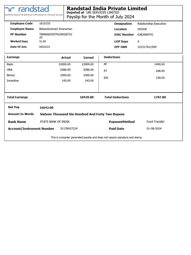 Payslip July 2024 | PDF