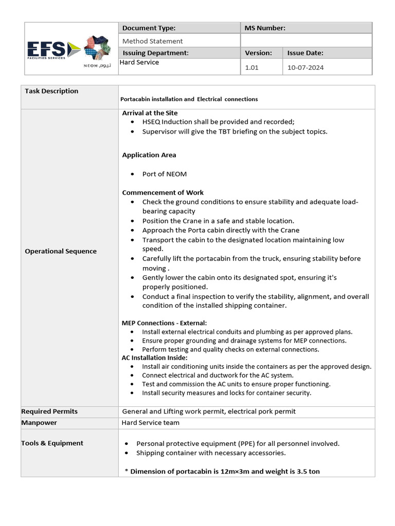 Method Statement - Portacabin Installation-Loading-Unloading and Electrical Connections | PDF ...