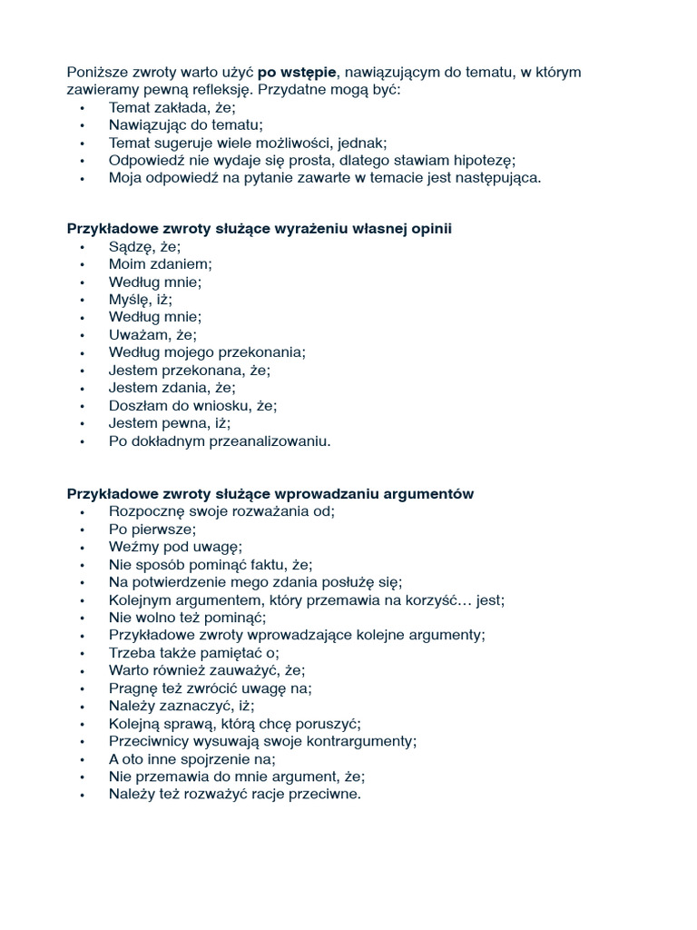 Zwroty Do Rozprawki | PDF