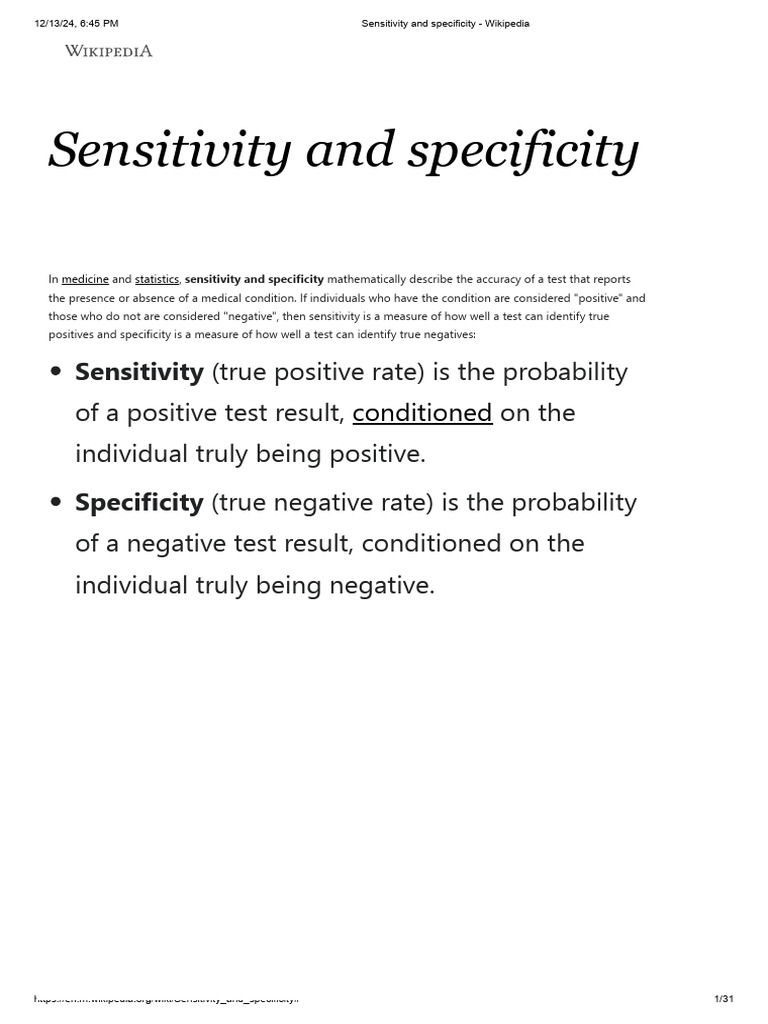Sensitivity And Specificity Wikipedia Pdf Sensitivity And Specificity Clinical Medicine