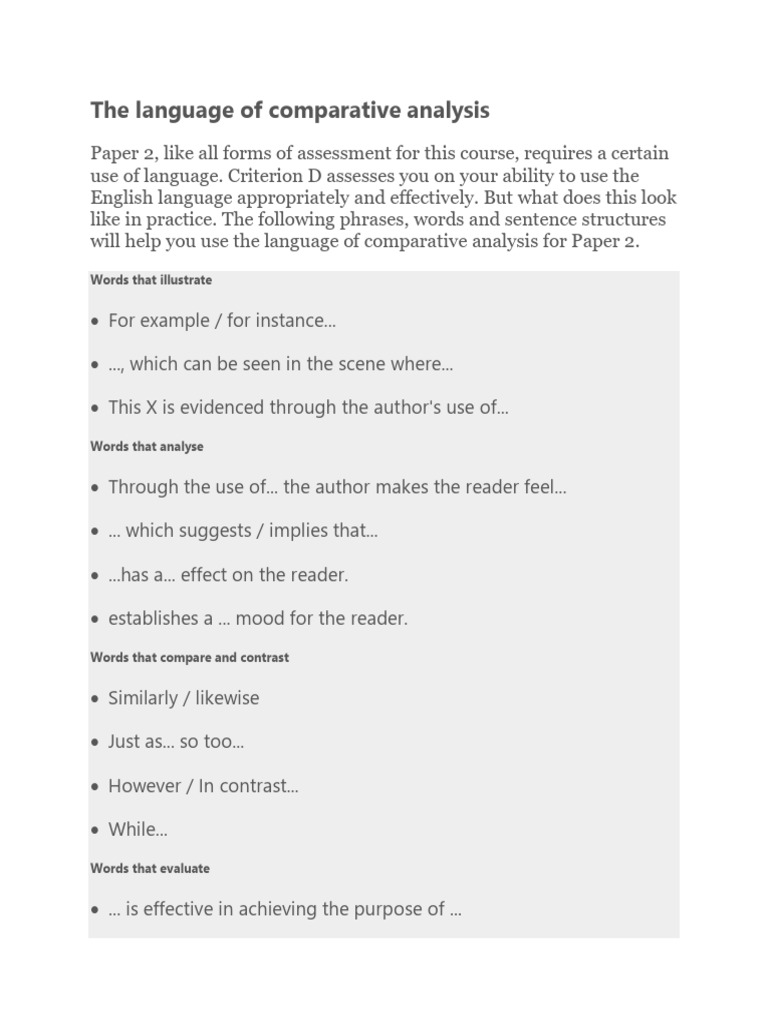 The Language of Comparative Analysis English A IB Paper 2 | PDF