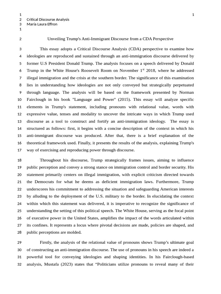 2024-02-Unveiling Trump's Anti-Immigrant Discourse From A CDA Perspective | PDF | Grammatical ...