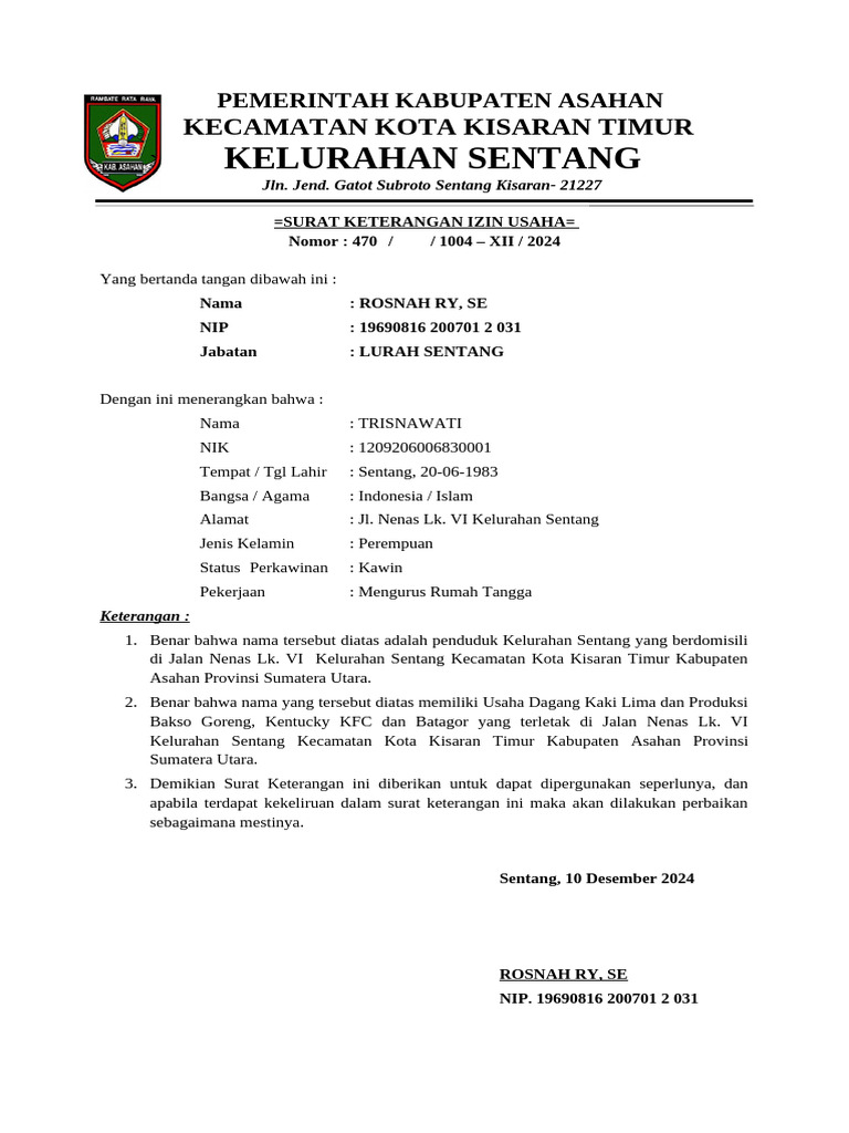 SURAT KETERANGAN LURAH SENTANG | PDF