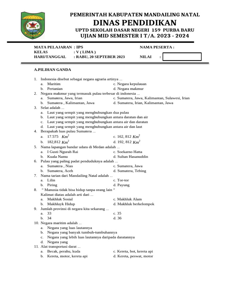 Soal Ujian Mid Semester 1 Ips Dan PKN | PDF