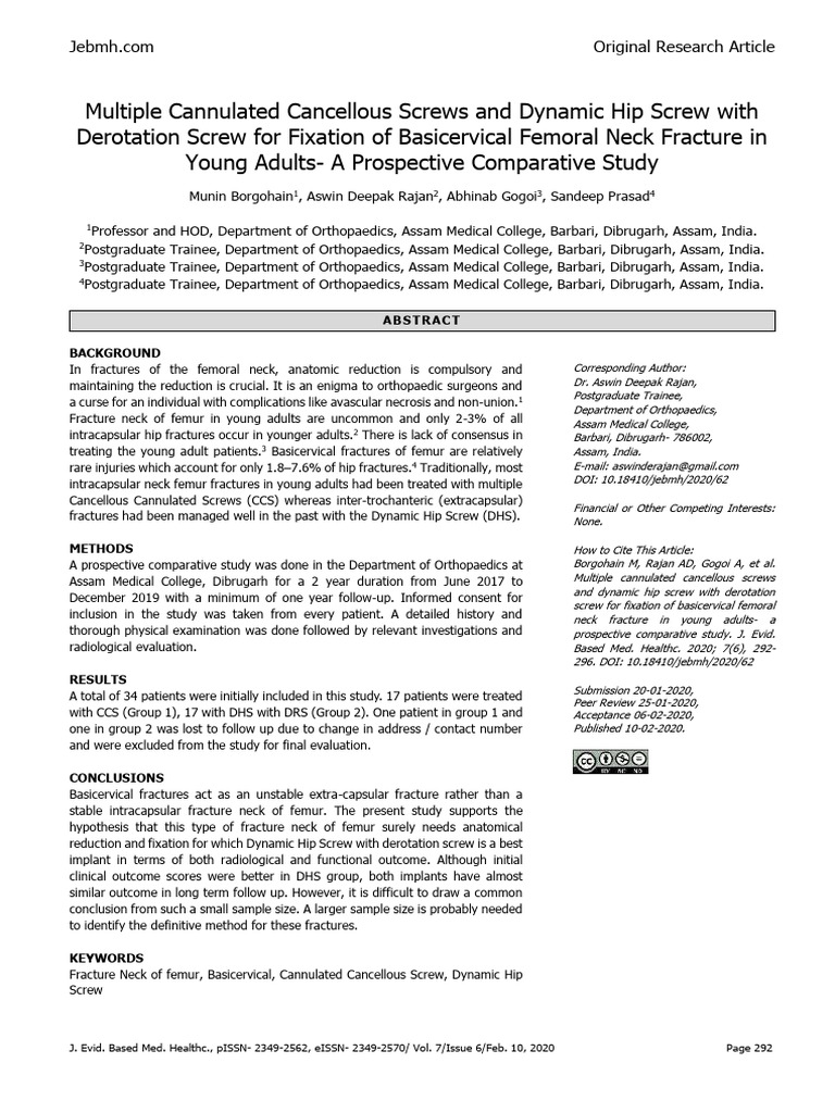 Multiple Cannulated Cancellous Screws and Dynamic Hip Screw With ...