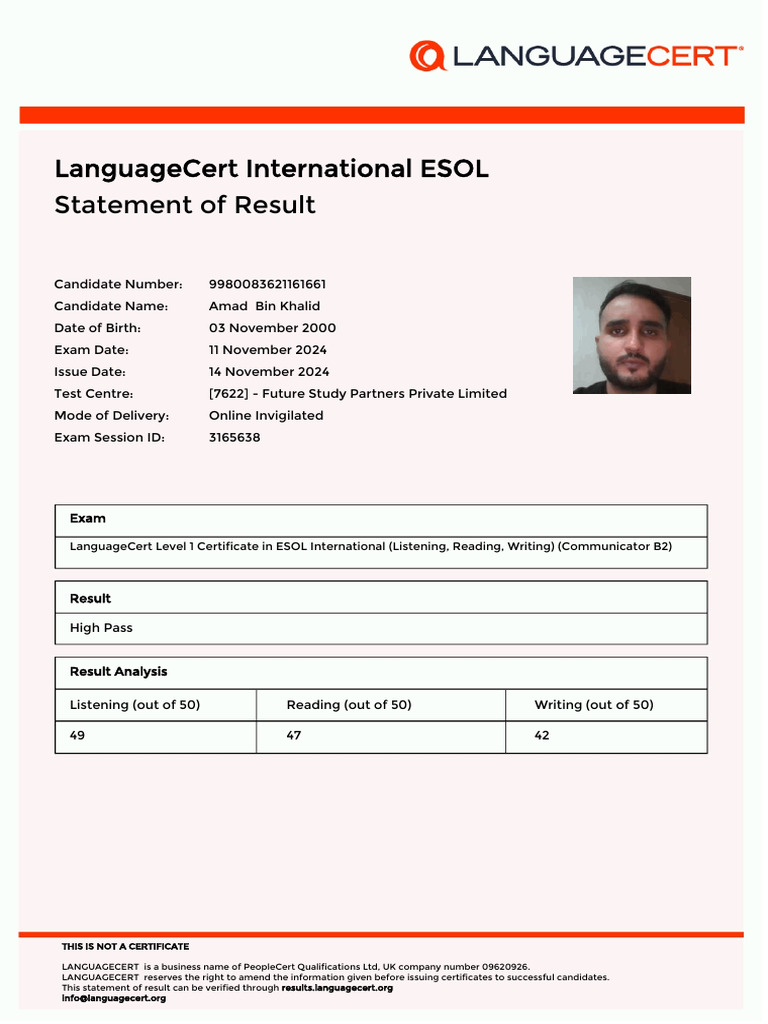 LanguageCert ESOL Result Statement | PDF