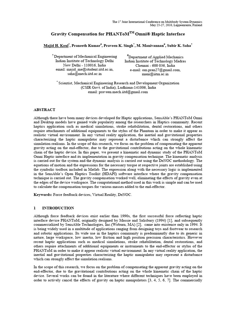 Gravity Compensation For PHANToM Omni Ha | PDF | Torque | Force