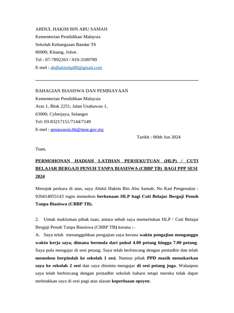 Surat Rayuan CBBP TB 2024 | PDF