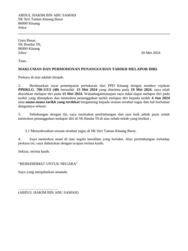 Surat Penangguhan Lapor Diri | PDF