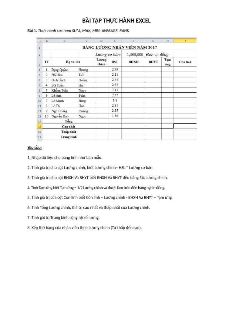 BÀI TẬP THỰC HÀNH CHƯƠNG 2 EXCEL | PDF