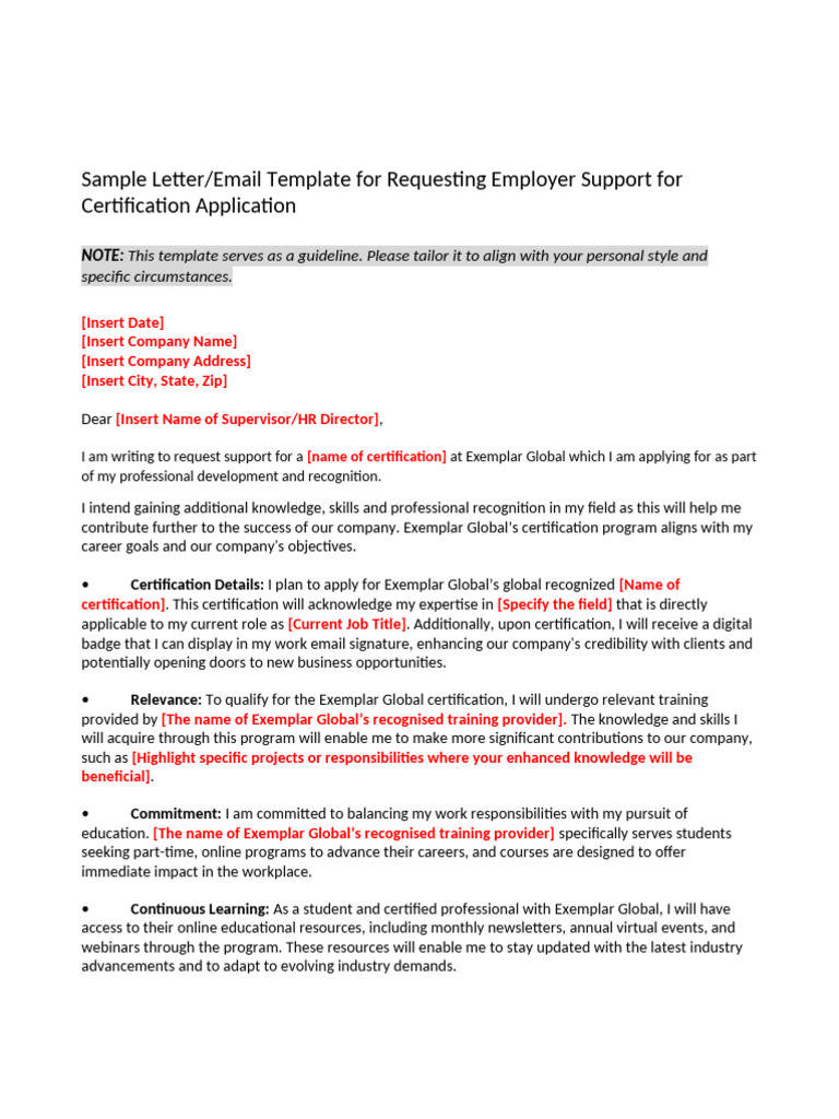 Sample Email Template For Seeking Employer Support For Certification ...