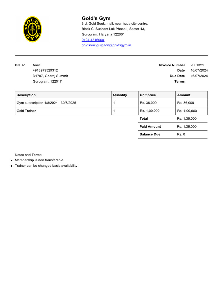 Gold's Gym Invoice for Membership 2024 | PDF