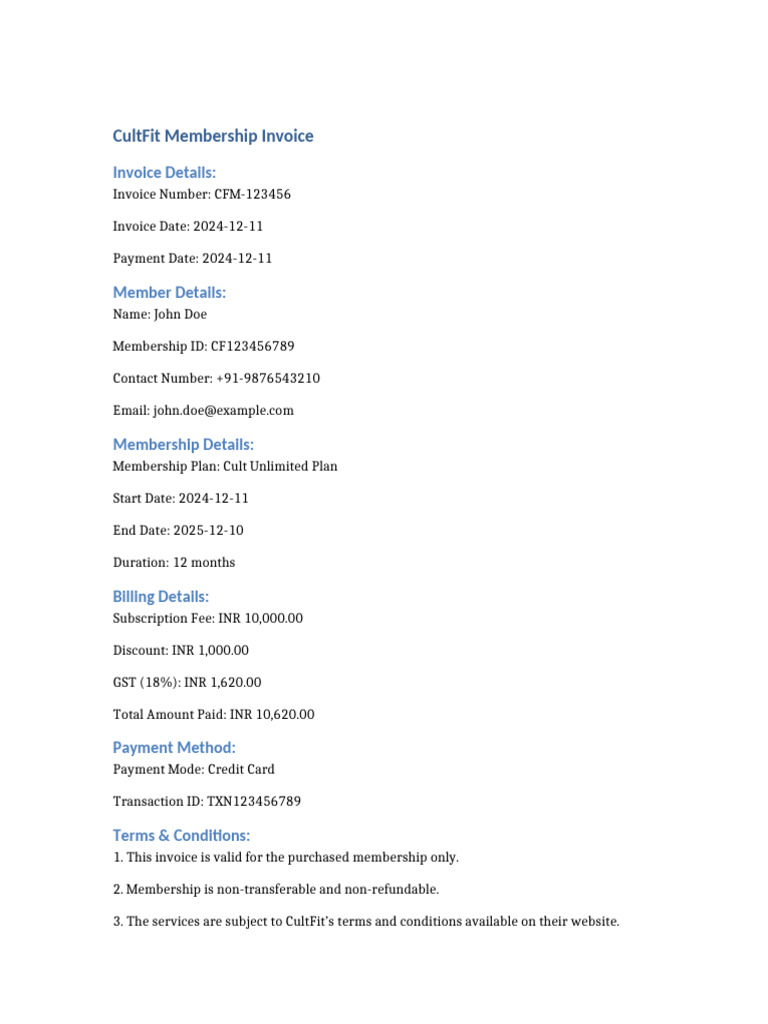CultFit Membership Invoice | PDF
