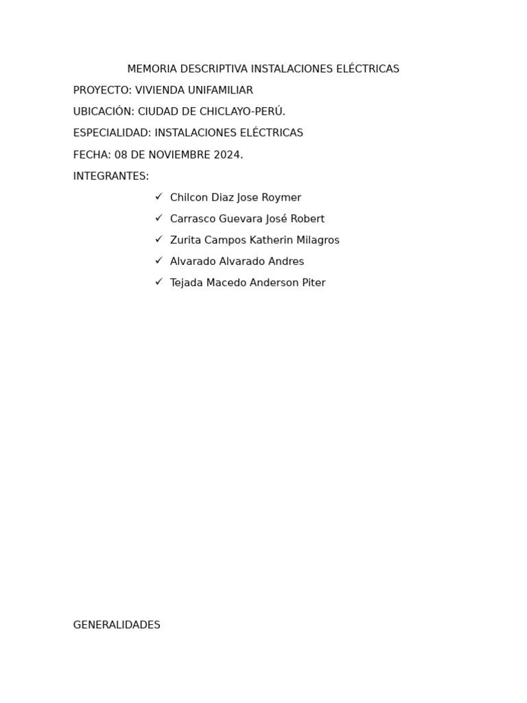 Memoria Descriptiva Instalaciones Eléctricas | PDF