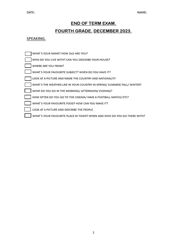 Fourth Grade End of Term Exam 2023 | PDF