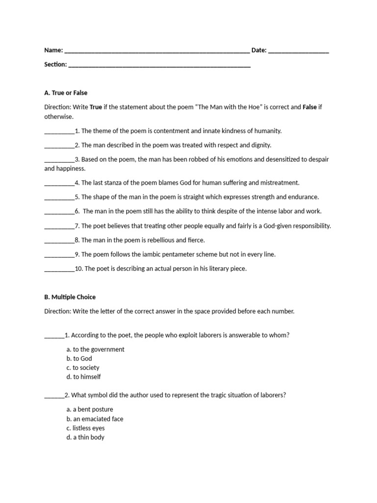 "The Man with the Hoe: Poem Analysis Quiz" | PDF | Poetry