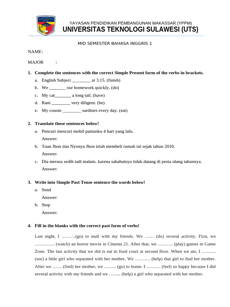 SOAL MID BAHASA INGGRIS 1 (Ganjil 2024-2025) | PDF