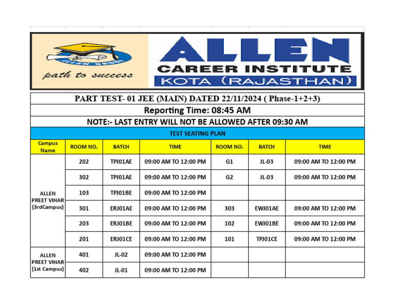 TEST SEATING PLAN on 22nd NOV | PDF