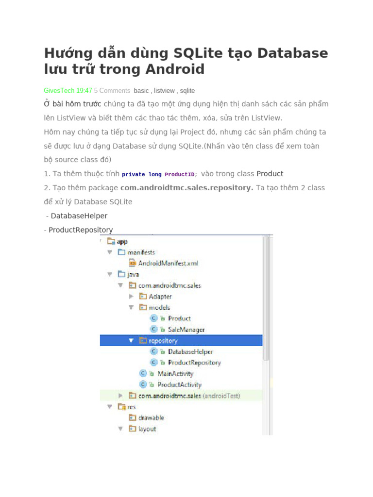 Hướng Dẫn Dùng SQLite Tạo Database Lưu Trữ Trong Android | PDF