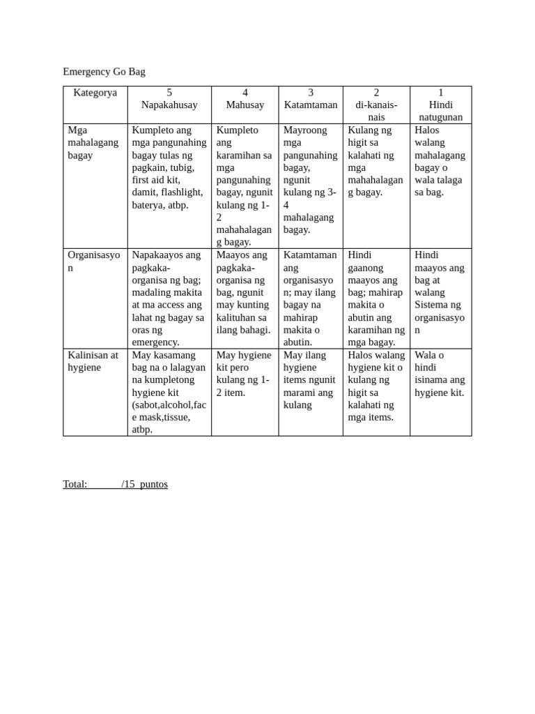 Emergency Go Bag Rubric | PDF