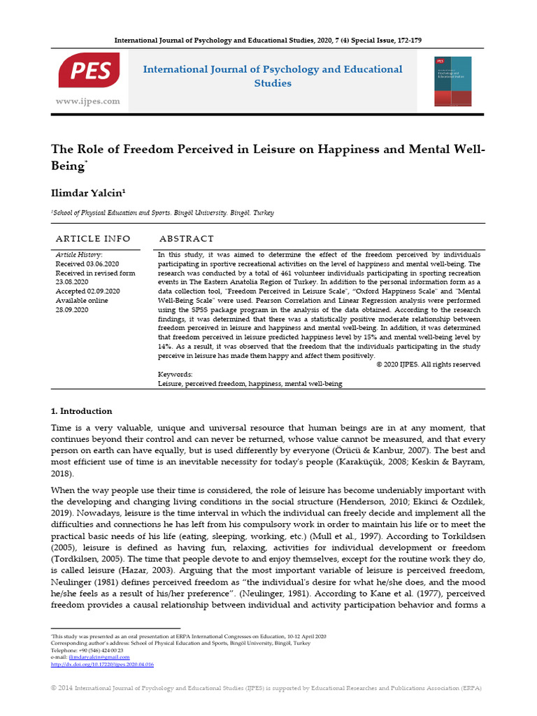 The Role of Freedom Perceived in Leisure On Happiness and Mental ...