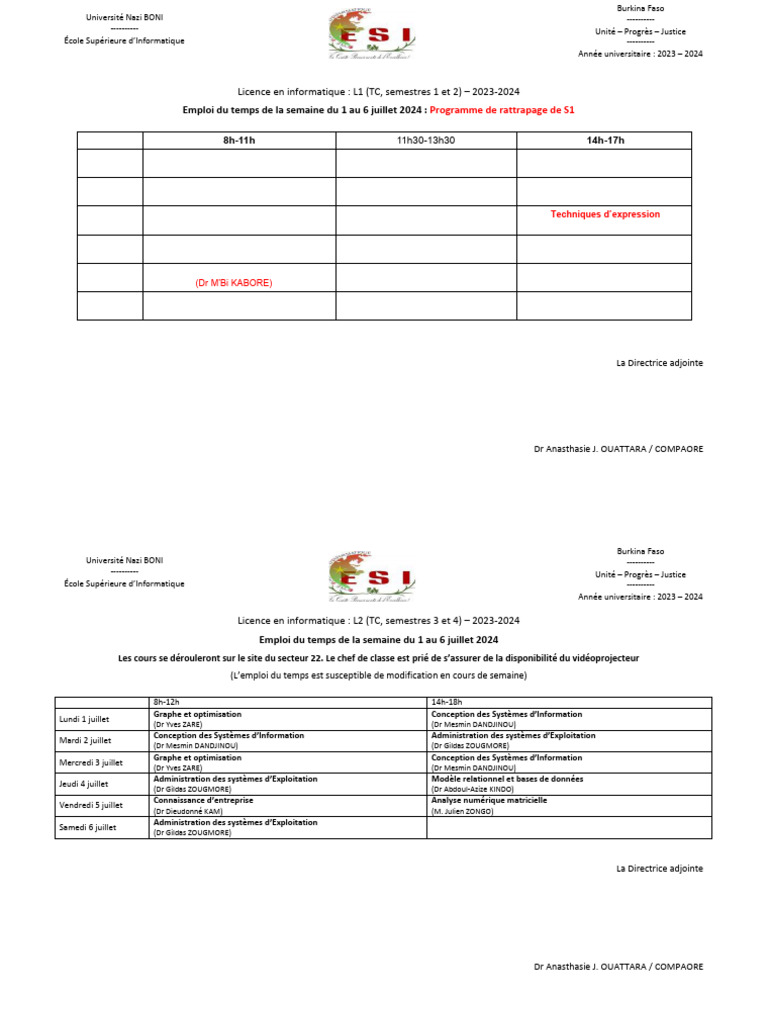 Emploi du temps Licence Informatique 2023-2024 | PDF | Informatique | Informatique