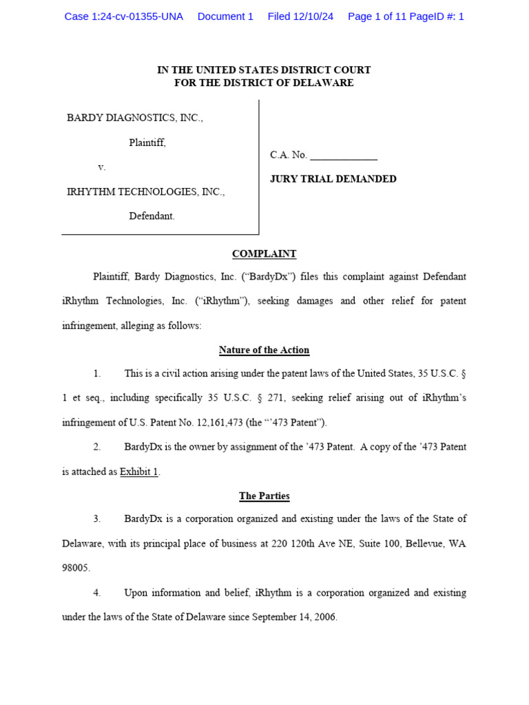 BardyDx vs. iRhythm Patent Infringement | PDF | Electrocardiography ...