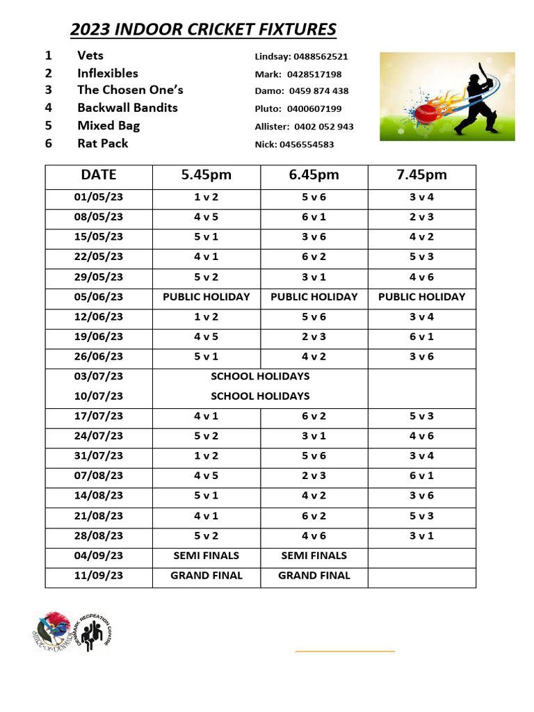 Indoor Cricket Fixtures 2023 As at 20 April 2023 | PDF