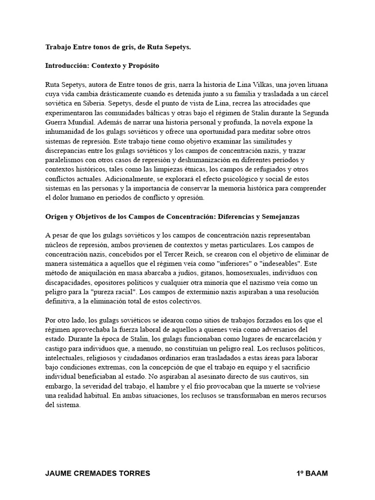 Trabajo Entre Tonos de Gris, de Ruta Sepetys | PDF | nazismo | Violencia