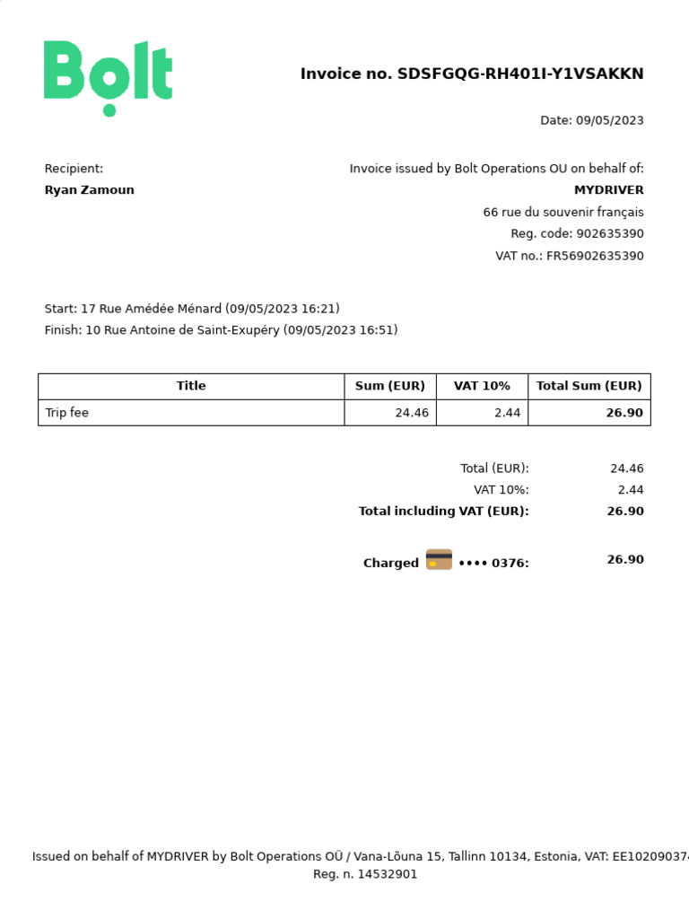 Taxi Invoice: Bolt Operations 09/2023 | PDF