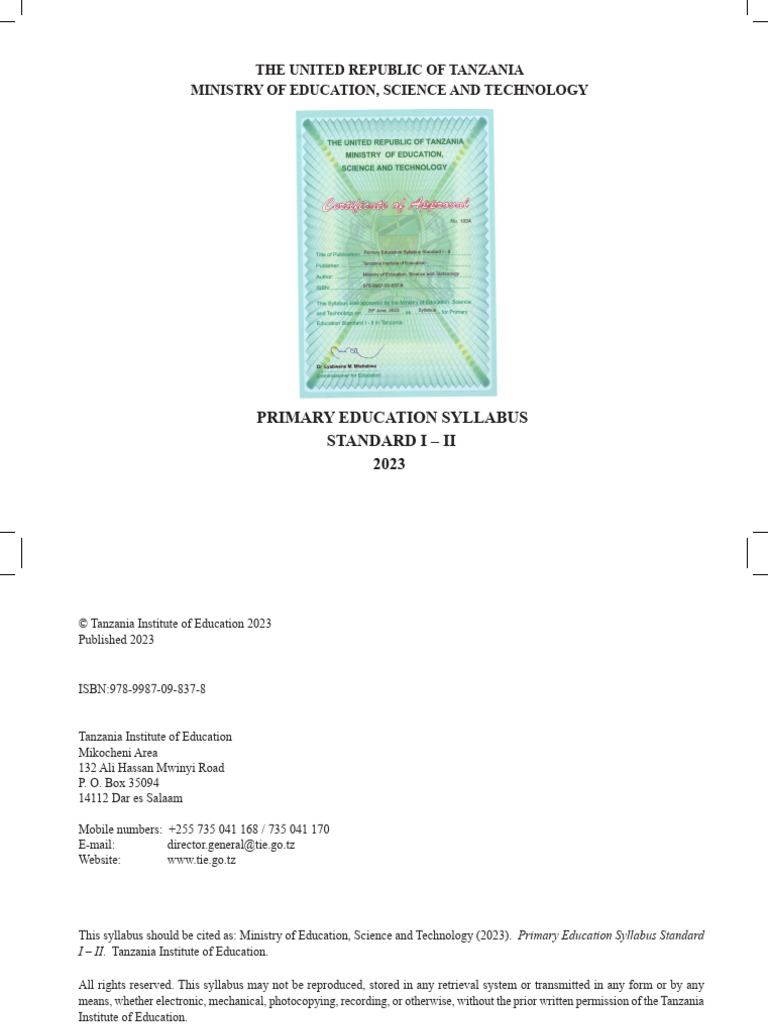 Tanzania Primary Education Syllabus I-II | PDF | Teachers | Learning