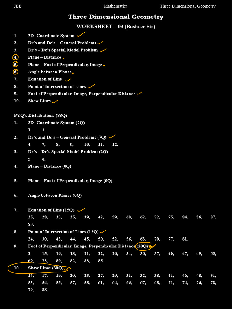 JEE 3D Geometry Worksheet & PYQs | PDF | Line (Geometry) | Perpendicular