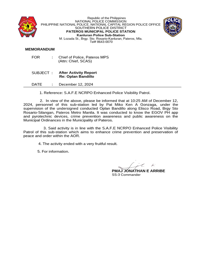 Oplan Bandillo Activity Report Pateros | PDF
