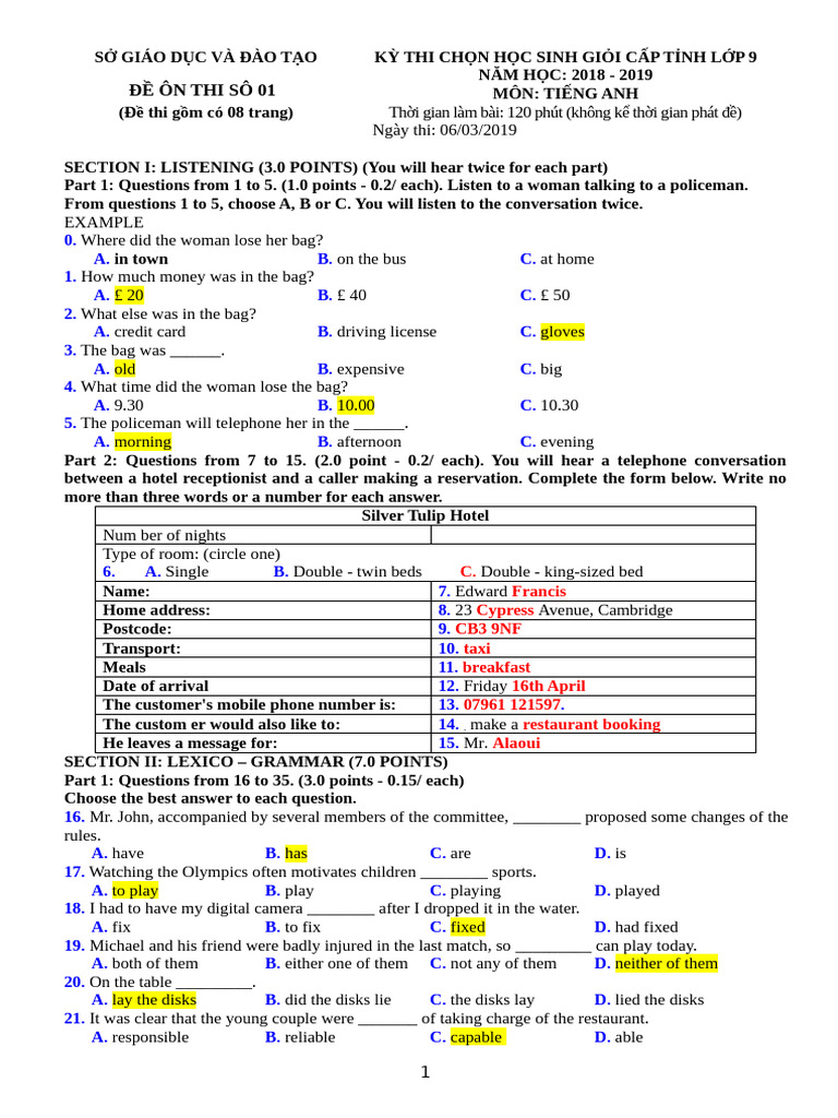 Đáp án đề thi HSG anh 9 có file nghe đáp án Script đề 1 | PDF | Learning | Earth