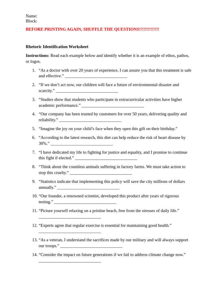 Rhetoric Identification Worksheet | PDF
