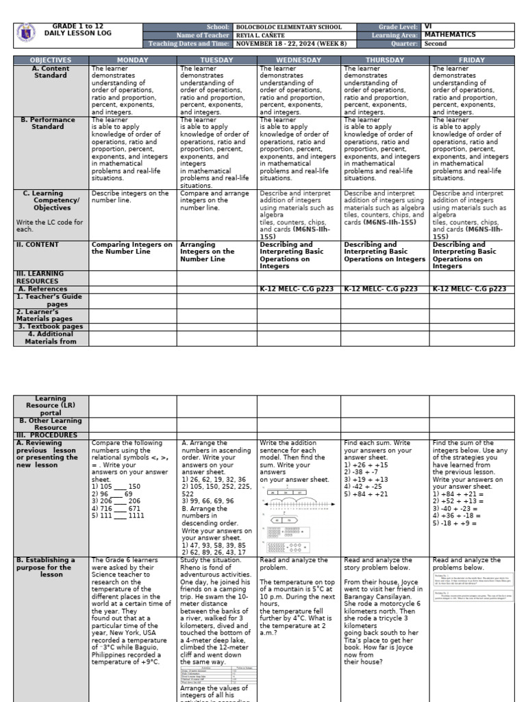 Grade 6 Math Daily Lesson Plan | PDF | Numbers | Mathematics