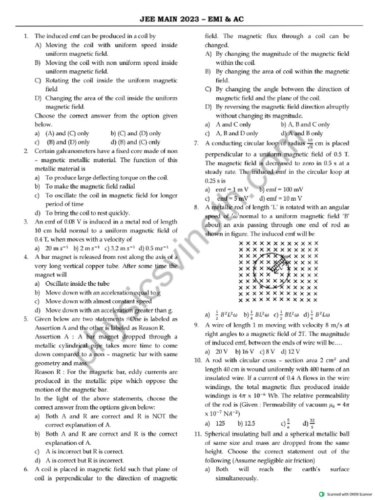 EMI & AC JEE 2023 QP With Solutions - Watermark | PDF