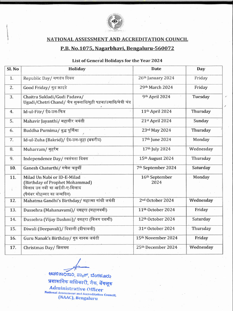 List of General Holidays For The Year 2024 | PDF