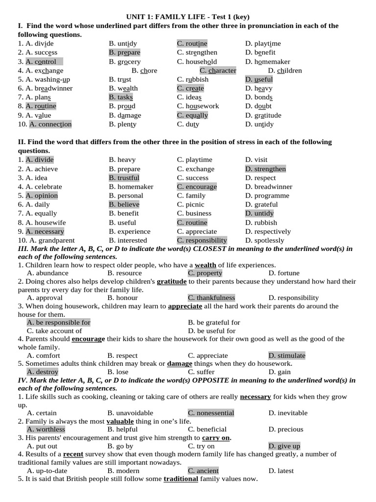 Grade 10 Unit 1- practice (key) | PDF | Family | Social Institutions