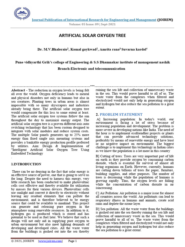 Artificial Solar Oxygen Tree | PDF | Atmosphere Of Earth | Photovoltaics