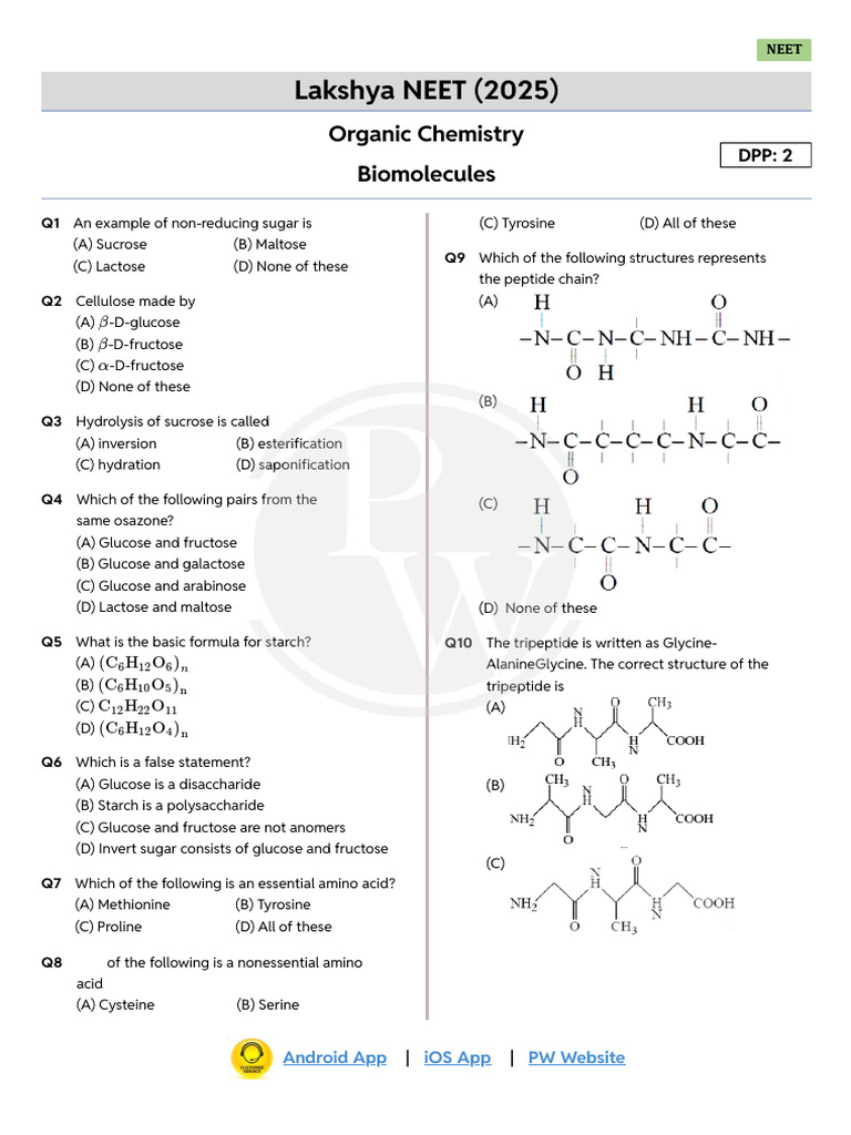 Biomolecules _ DPP 02 __ Lakshya NEET 2025 | PDF | Glucose | Amino Acid