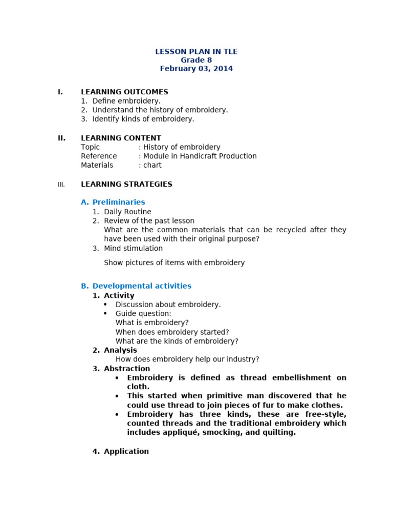 Grade 8 TLE Embroidery Lesson Plan | PDF | Embroidery | Textile Arts