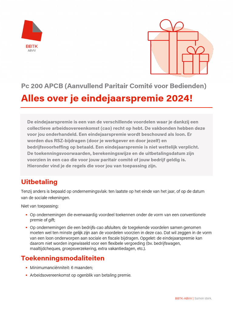 Alles Over Je Eindejaarspremie 2024!: PC 200 APCB (Aanvullend Paritair Comité Voor Bedienden) | PDF