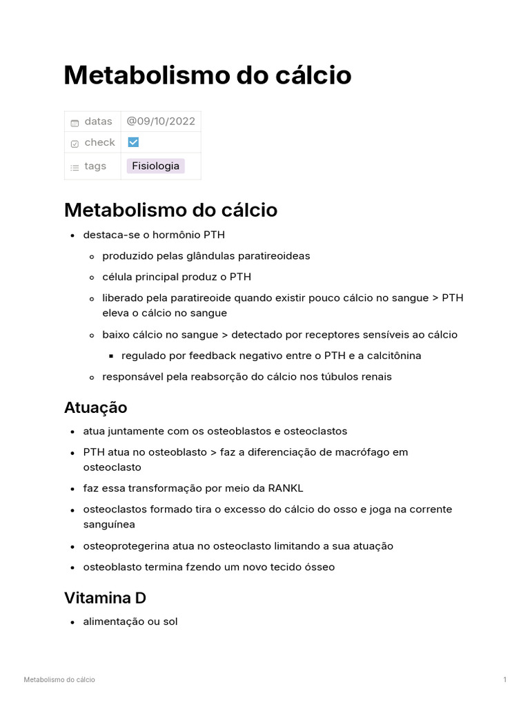 Metabolismo do Cálcio e Suas Funções | PDF