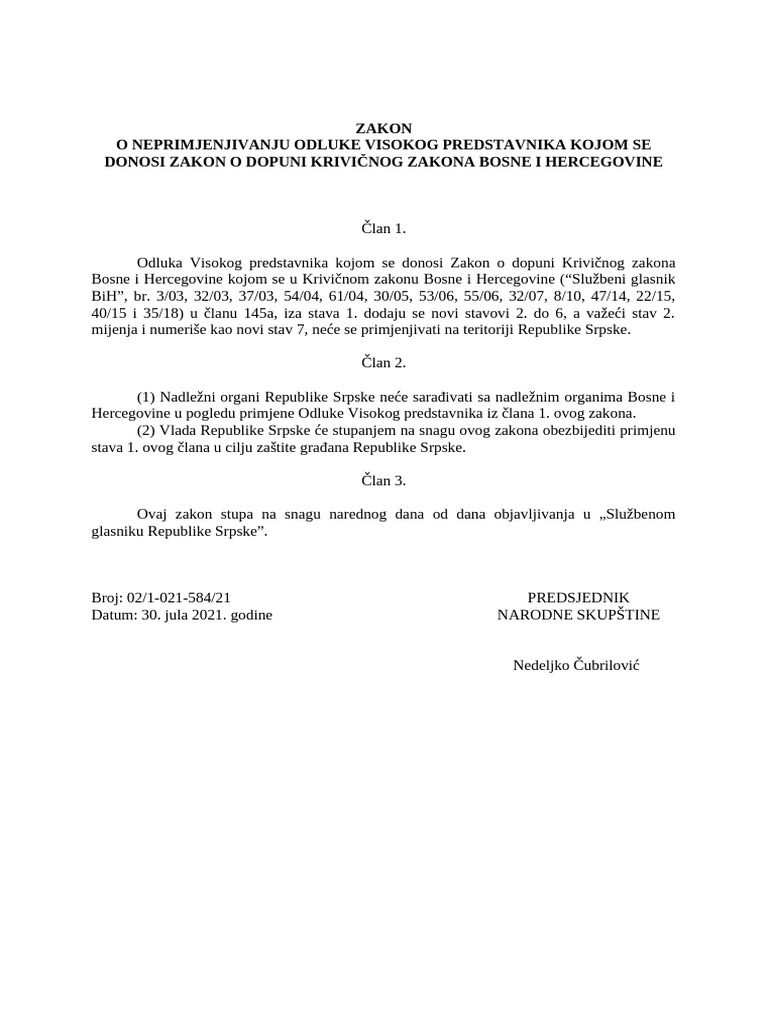 Zak. o Neprimjenjivanju Odluke | PDF