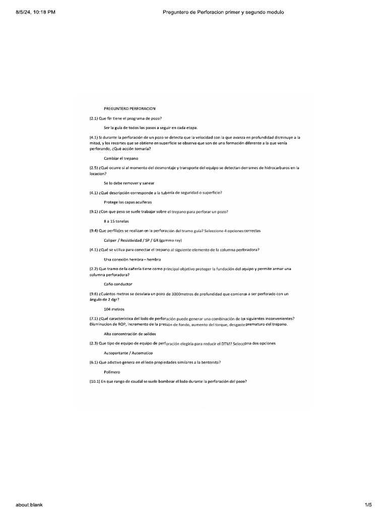 Preguntero de Perforacion Primer y Segundo Modulo | PDF