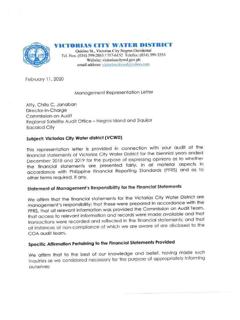 Management Representation Letter 1 | PDF