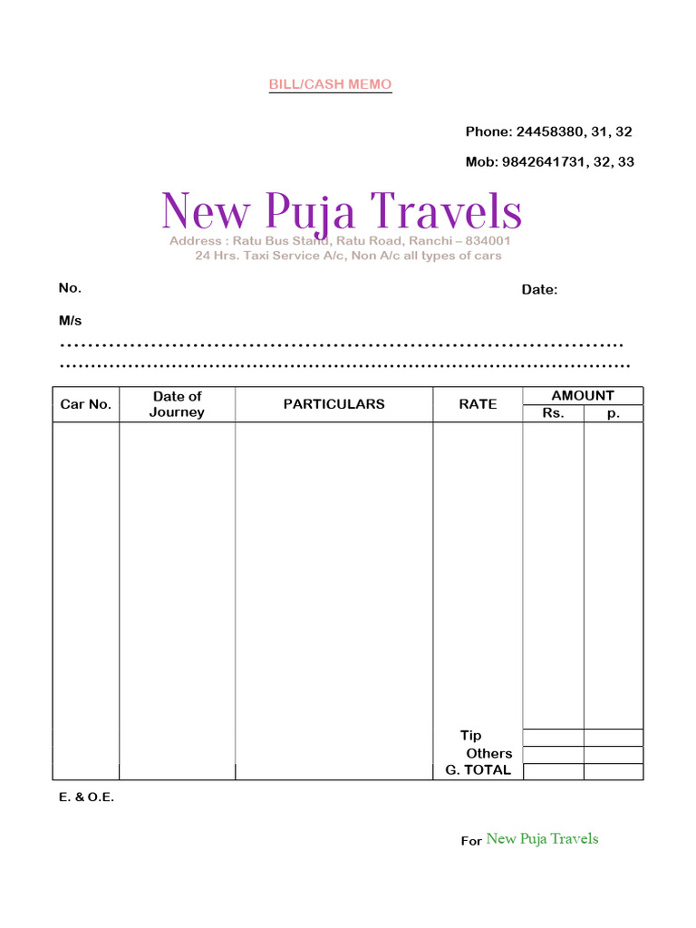 Taxi Bill Format for New Puja Travels | PDF
